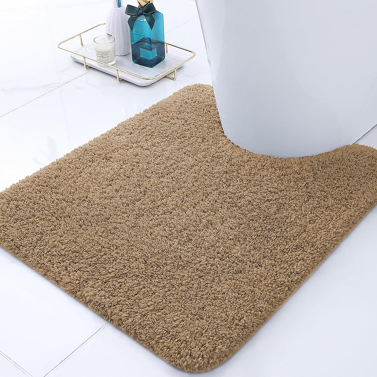 Buganda Microfiber Bathroom Contour Rug (24x20, Camel) Shaggy Soft and Absorbent, Non Slip, Thick Plush, Machine Washable U Shape Toilet Rug for Bathroom