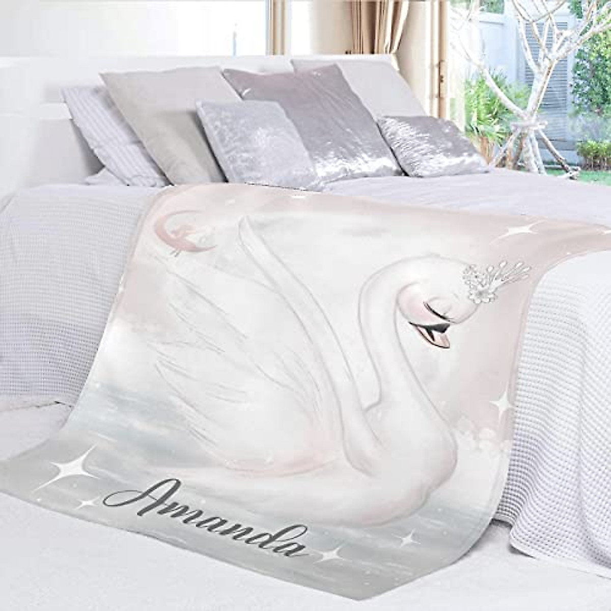 Artistic Swan Personalized Name Soft Fleece Bed Blankets Throws as Birthday Wedding Gifts for Sofa Couch 50'' x 60''