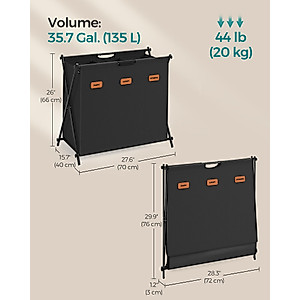 SONGMICS Laundry Hamper, Laundry Basket, 35.7 Gal. Laundry Sorter 3 Sections, Collapsible X-Frame, Clothes Organizer with Customizable Labels, Laundry Room, Bedroom, Bathroom, Ink Black ULCB130B01