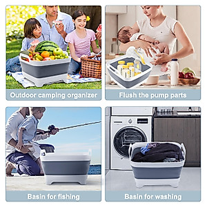 Goderewild 2.4 Gal(9L) Collapsible Dish Basin with Drain Plug, Space Saving Outdoor Multiuse Foldable Sink Tub, Dishpan, Kitchen Storage Tray for Camping, Vegetable Washing, RV