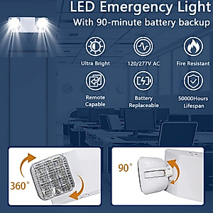 LED Emergency Light with Battery Backup, Two Adjustable Heads Integrated Commercial Emergency Lighting Exit Light, Domestic Power Outage Emergency Light, AC 120/277V UL Listed (8 Pack)
