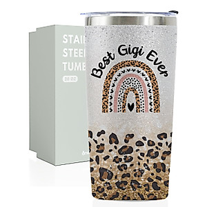 Onebttl Gigi Gifts from Granddaughter, Grandson, Insulated Stainless Steel Wine Tumbler with Lid and Straw, for Grandma on Mother's Day, Birthday, Christmas, Best Gigi Ever, Glitter Silver, 20 oz