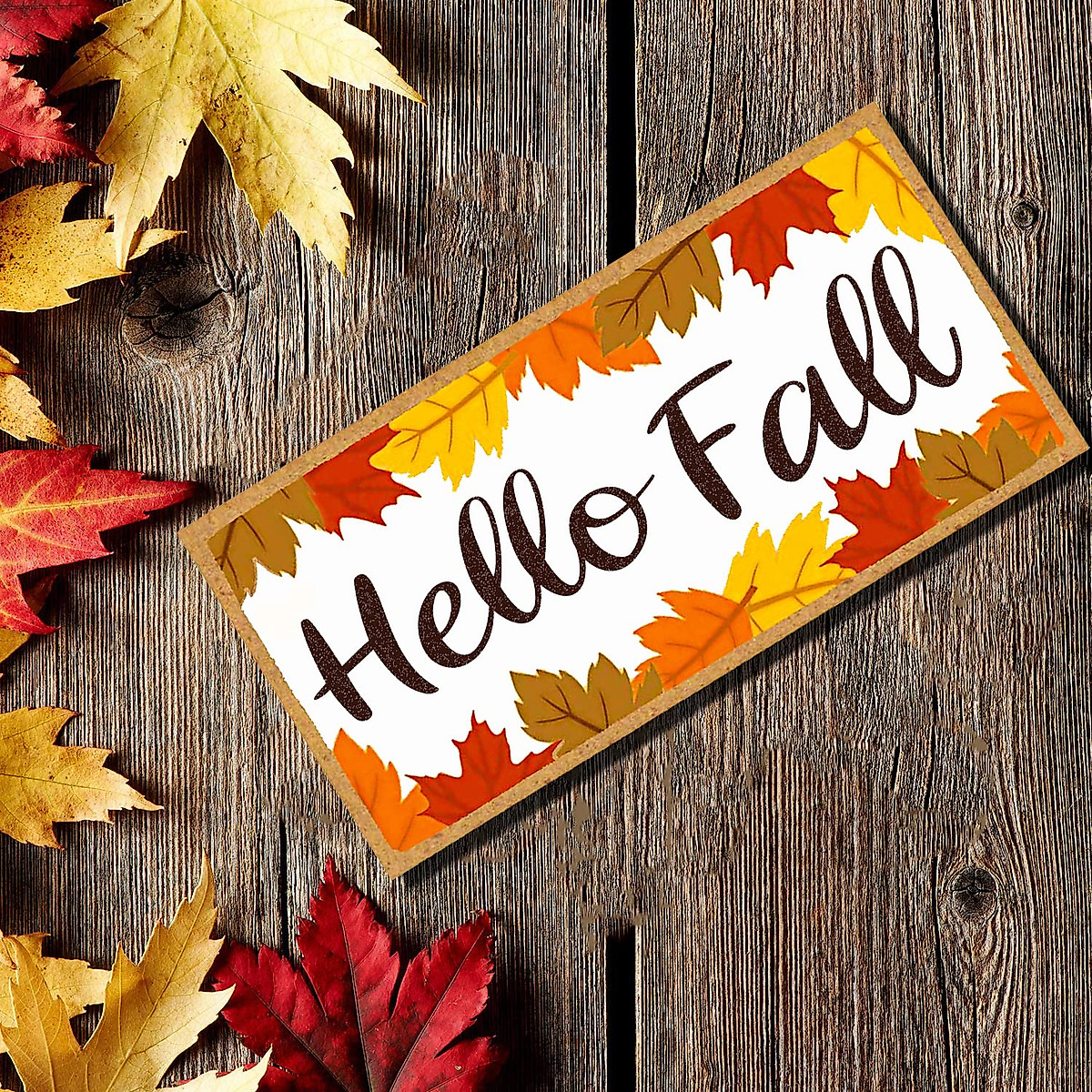 Hello Fall Sign Wall Decor 14" Autumn Harvest Thanksgiving Maple Leaf Sign Rustic Hanging Decorations in Home Art for Front Porch Door Plaque