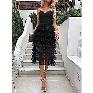 Floerns Women's Spaghetti Strap Sleeveless Ruffle Mesh Hem Midi Cami Dress Black M