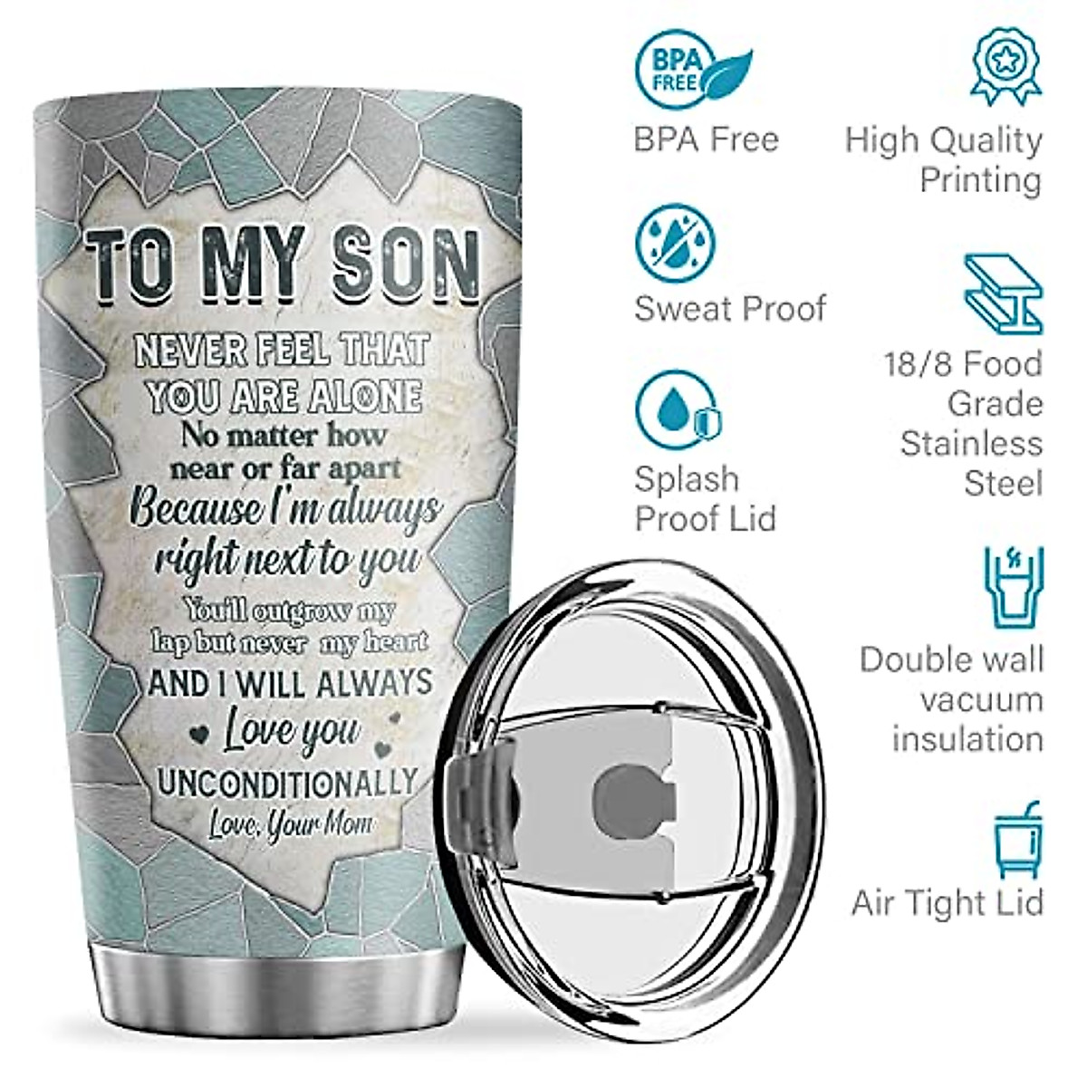 Pawfect House 20oz Stainless Steel Tumbler Gift For Him From Mom - Skinny Tumblers - I'm Always Right Next To You - Best Son Ever Gifts - Mens Gifts Unique Ideas Christmas Birthday Graduation Gifts