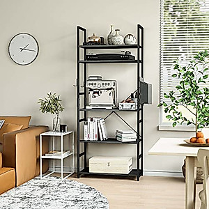 NUMENN 5 Tier Bookshelf, Tall Bookcase Shelf Storage Organizer, Modern Book Shelf with Storage Bag and Hook for Bedroom, Living Room and Home Office, Black