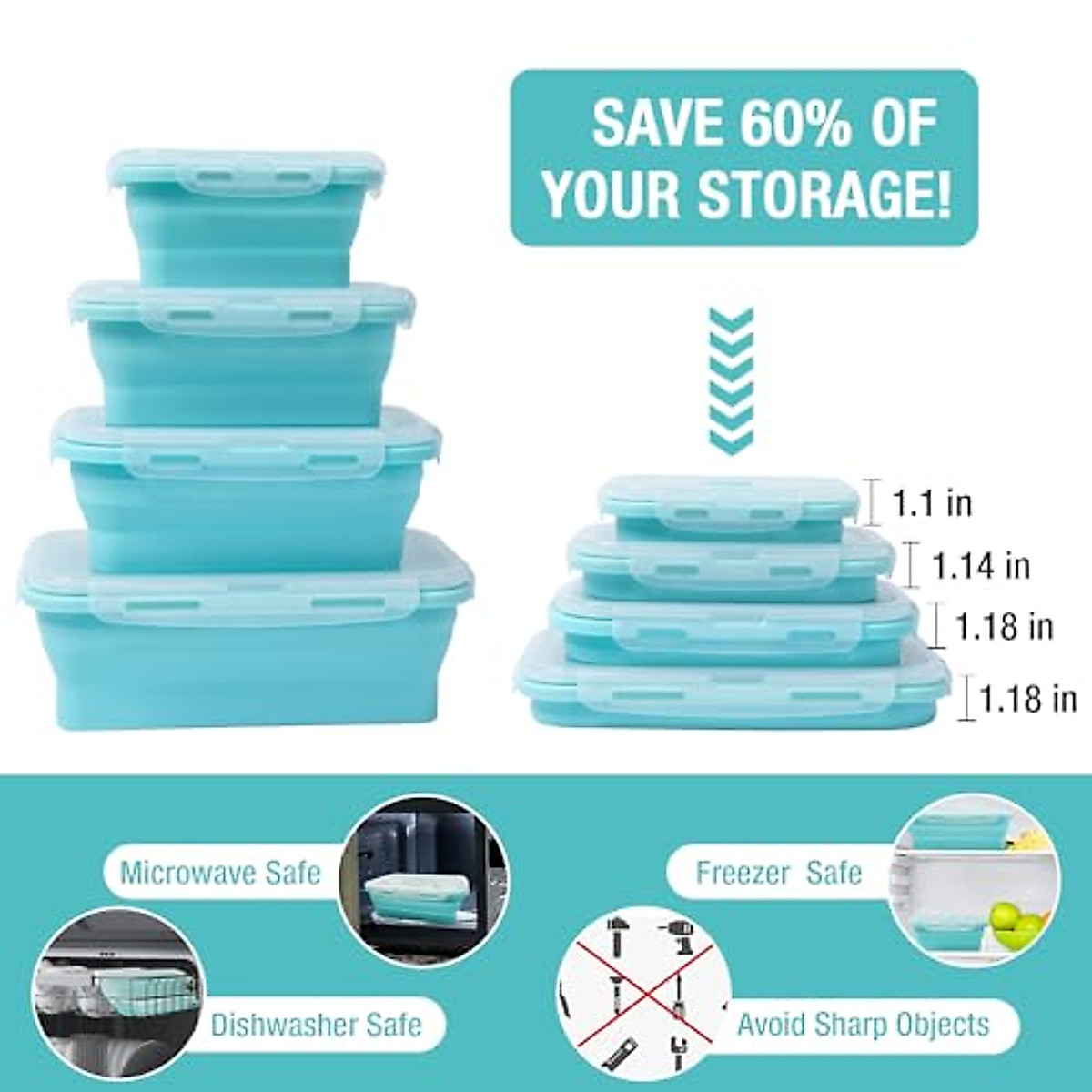 bryantye Set of 4 Collapsible Silicone Food Storage Containers with Lids, Foldable Meal Prep Sets, BPA Free Silicone Bento Lunch Boxes for Kitchen and Camping, Dishwaser Safe, Blue