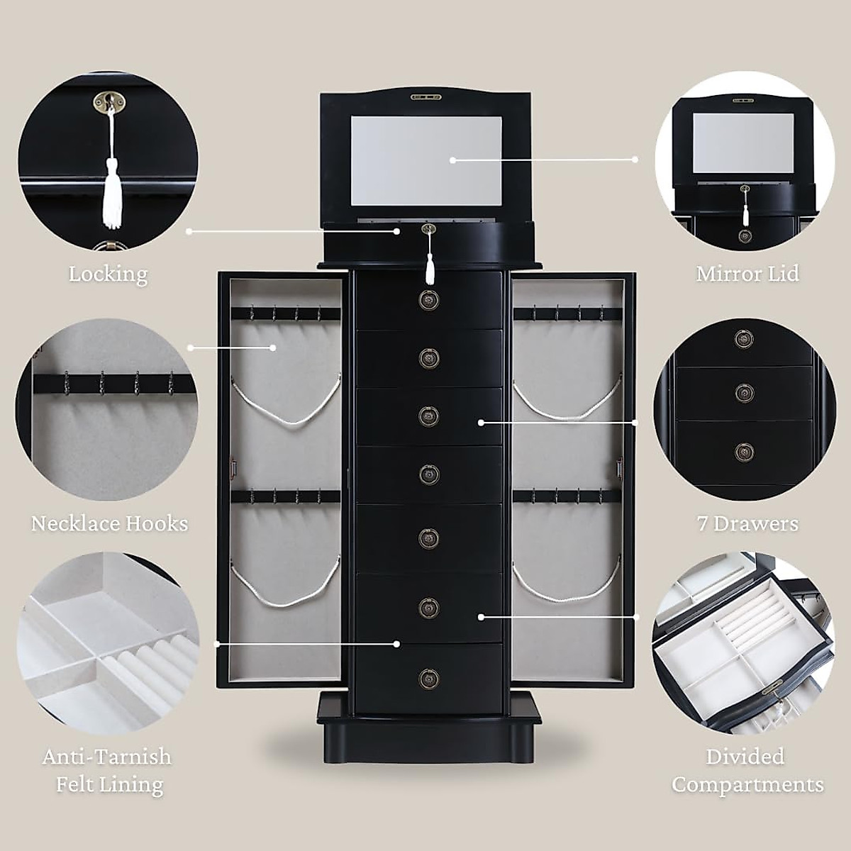 Alveare Home North Locking 7-Drawer Jewelry Armoire – Spacious Organizer with Mirror, Necklace Hooks & Anti-Tarnish Lining, Black