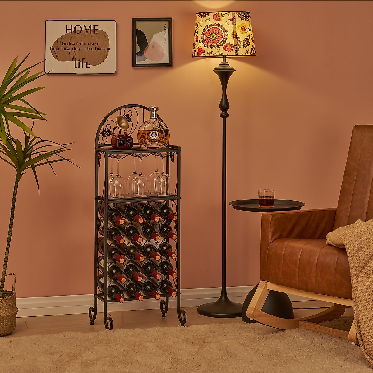 VECELO Freestanding Wine Rack Bar Table Holder, Tempered Glass Top, Liquor Display Shelf Stand for Home Kitchen Pub, 20 Bottles, Black