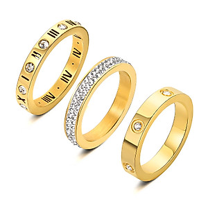YIKOXI 3pcs Love Friendship Lucky Ring Cubic Zirconia Gold Ring Sets for Women Stainless Steel Wedding Statement Thumb Ring Bands (Gold, 7)