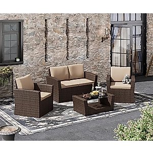 LHBcraft 4PCS Patio Furniture Set, Outdoor Conversation Sets with Rattan Chair Table, Wicker Loveseat Sofa Bistro for Garden, Pool, Backyard