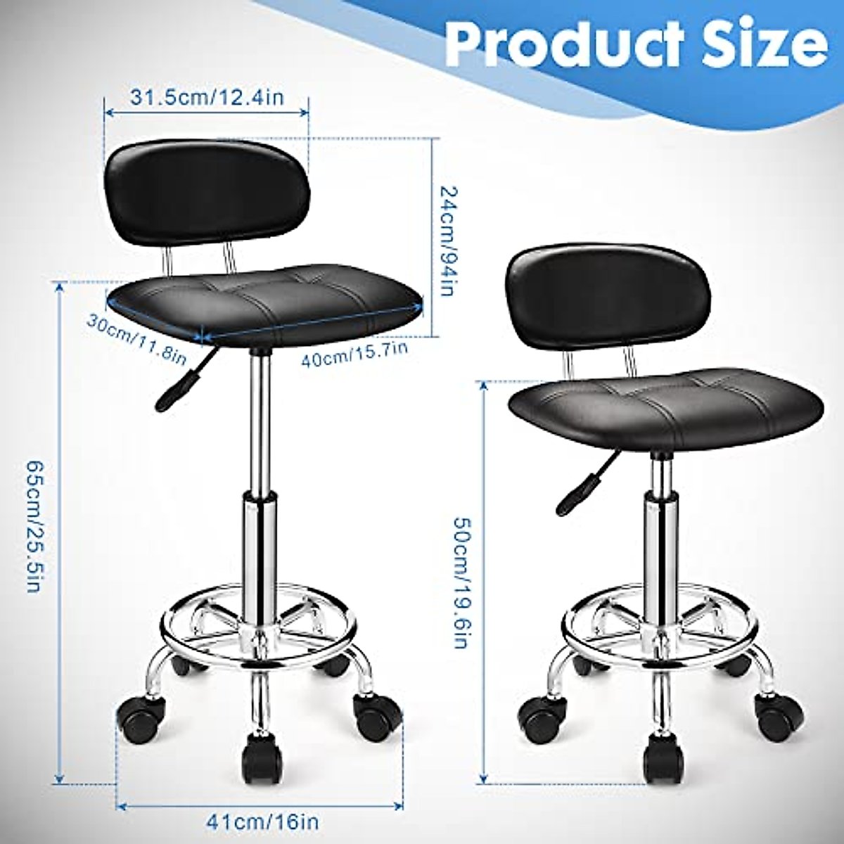 HMTOT Square Rolling Stools with Backrest Height Adjustable Swivel Stool with Wheels Black