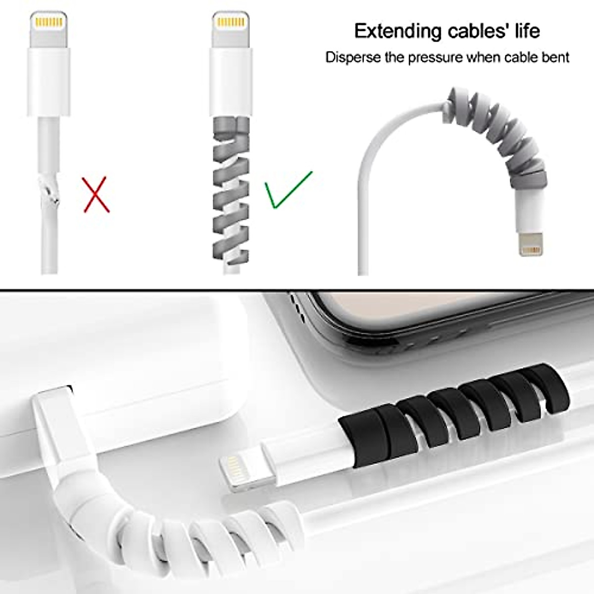 Fanoshon 35 PCS Charging Cable Protectors Charger Cord Savers for iPhone Cables, Spiral Silicone USB Cable Ends Markers Covers for Most Cellphone and Tablet Data Lines (with 4 pcs Desk Cable Drops)