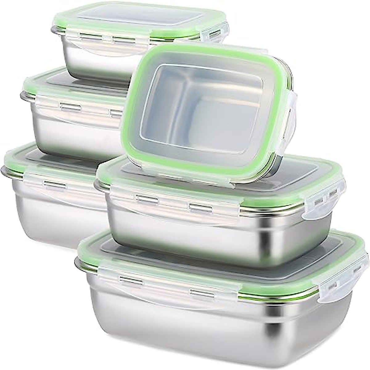Nuanchu 6 Packs Stainless Steel Food Storage Containers Airtight Metal Food Containers Meal Prep Container Leak Proof Stackable Bento Lunch Box with Lids for Kitchen Travel Picnic and Camping (Green)