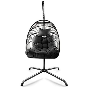 FUZOFUIZ Swing Egg Chair with Stand Indoor Outdoor Wicker Rattan Patio Basket Hanging Chair with C Type Bracket, with Cushion and Pillow,Patio Wicker Folding Hanging Chair (Black)