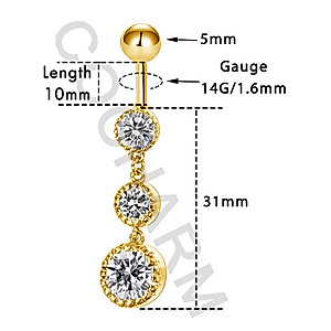 COCHARM Gold Dangling Belly Button Rings 14g Stainless Steel Belly Piercing Long CZ Dangly Navel Rings for Women Dangle Belly Bar