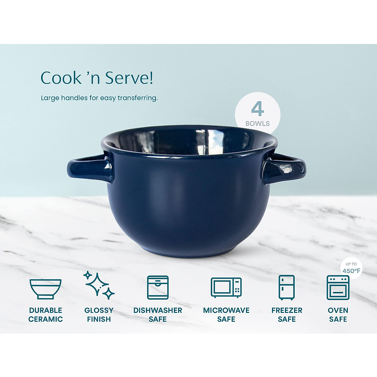 Soup Bowls, French Onion Soup Bowls, by Kook, Soup Crocks, Oven Safe Bowls, Soup Mugs, Ceramic Bowls, Dishwasher, Microwave, Set of 4, 18 oz (Blue)