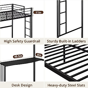 Twin Over Full Bunk Bed, Metal L-Shaped Bunk Bed Frame with Desk, Guardrail and Ladder, Space Saving Bed for Boys Girls, Convertible Into Twin Loft Bed & Full Platform Bed, Noise Free, Black