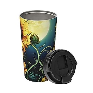GTKSYNVE Reusable Coffee Mug with Lid and Handle, Moonlight Sunflower Pattern Tumbler for Hot & Cold Drinks 16oz Stainless Steel Insulated Coffee Tumblers Double Wall Vacuum Thermal Cup