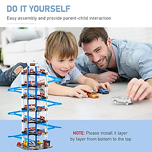 Qaba 7-Level Car Parking Garage Toy Dual Race Tracks Car Ramp Set Toddler Car Games 102 PCS w/Electric Elevator Wash, Gas, Ejector & Car Repair Station Metal Cars for 3-6 Years Old