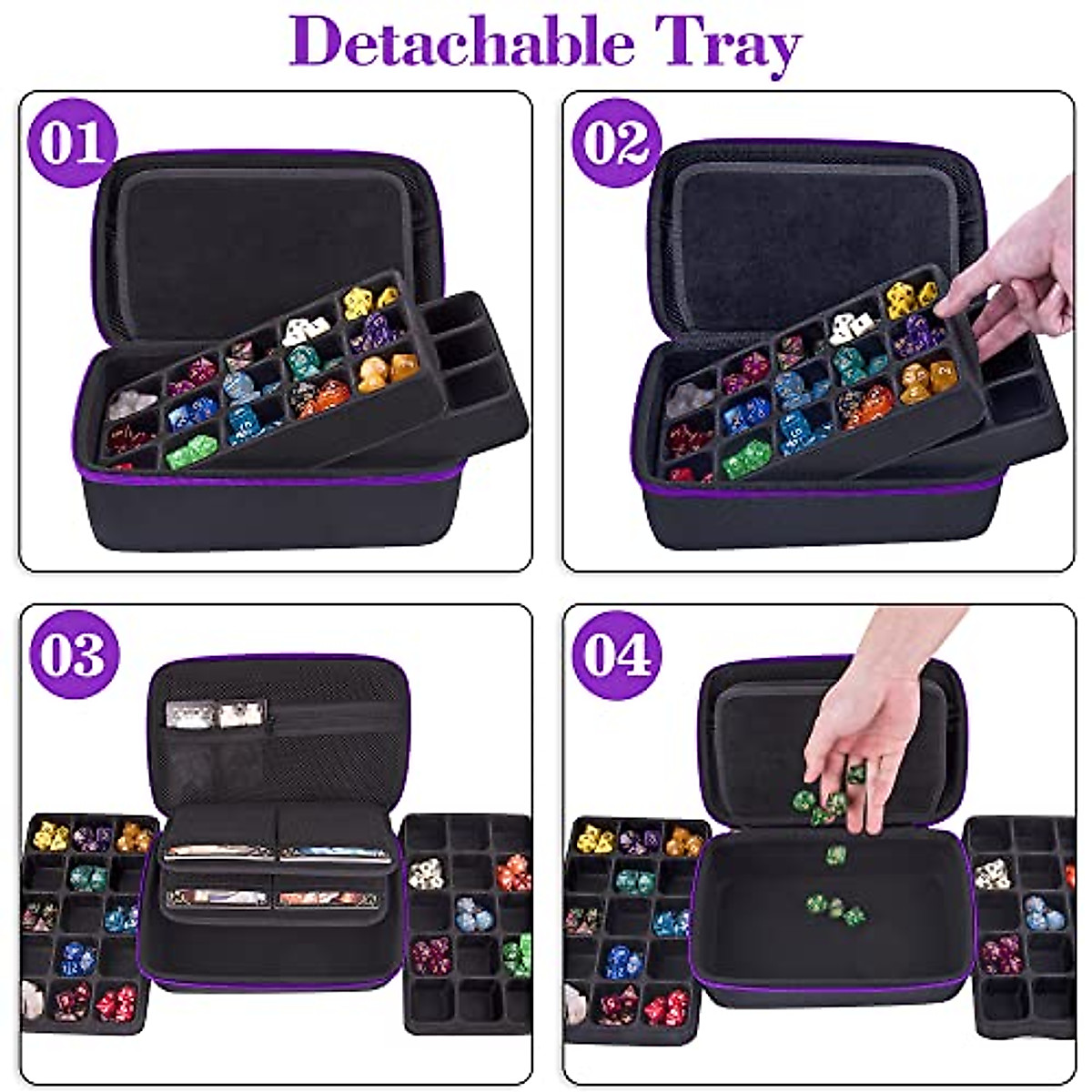 SIQUK Dice Storage Case Big Capacity DND Dice Case Dice Organizer Box with Handle and Double Removable Slotted Tray Dice Organizer Case for Dungeons & Dragons and Other RPG Table Game， Violet