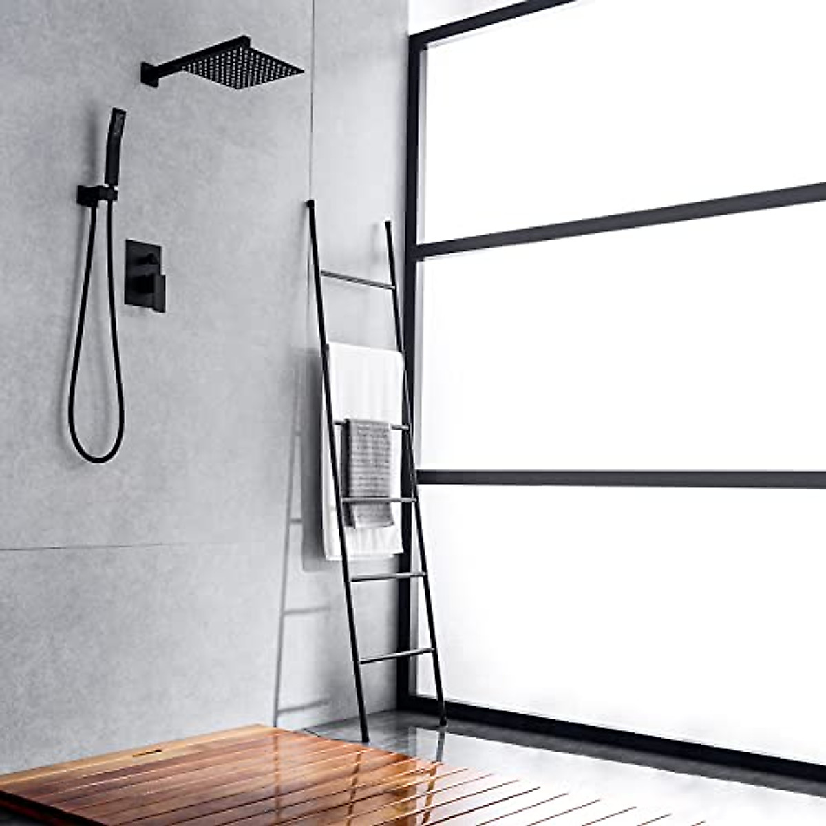 HEGII Shower System Combo Set,15 Inch Wall Mounted Shower Arm,10 inch Rainfall Shower Head System Shower Faucet Rough-in Valve Body and Trim Included,Matte Black