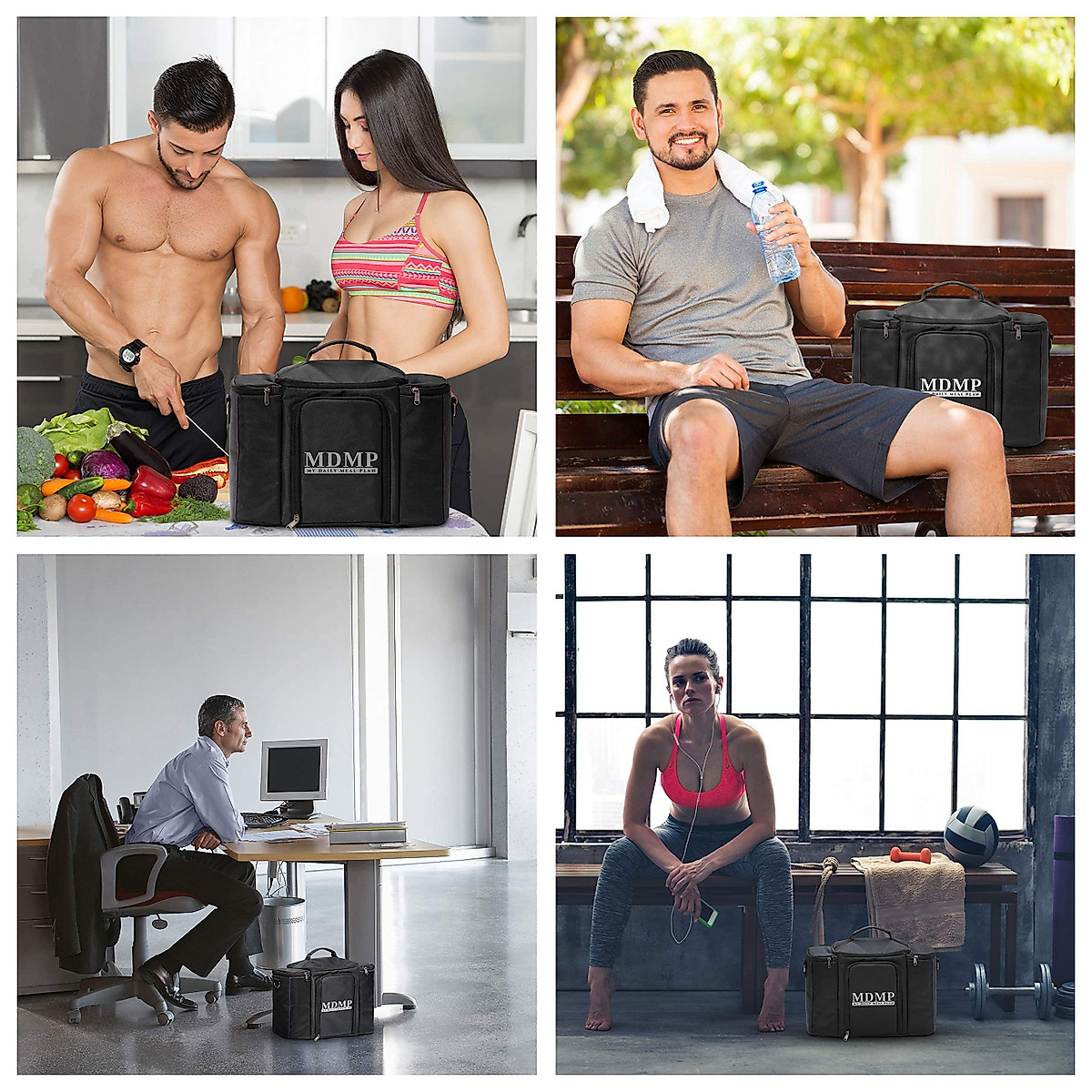 Meal Prep Lunch Bag / Box For Men, Women + 3 Large Food Containers (45 Oz.) + 2 Big Reusable Ice Packs + Shoulder Strap + Shaker With Storage. Insulated Lunchbox Cooler Portion Control Set (Black)