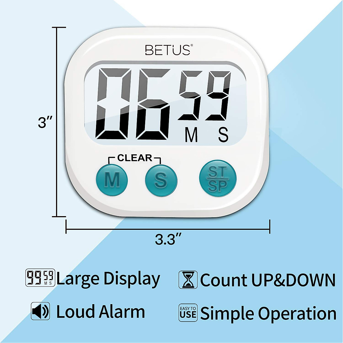 Betus Digital Kitchen Timer - Big Digits, Simple Operation and Loud Alarm - Magnetic Backing or Table Stand - Stopwatch Count Up and Down for Cooking Baking Sports Games Office