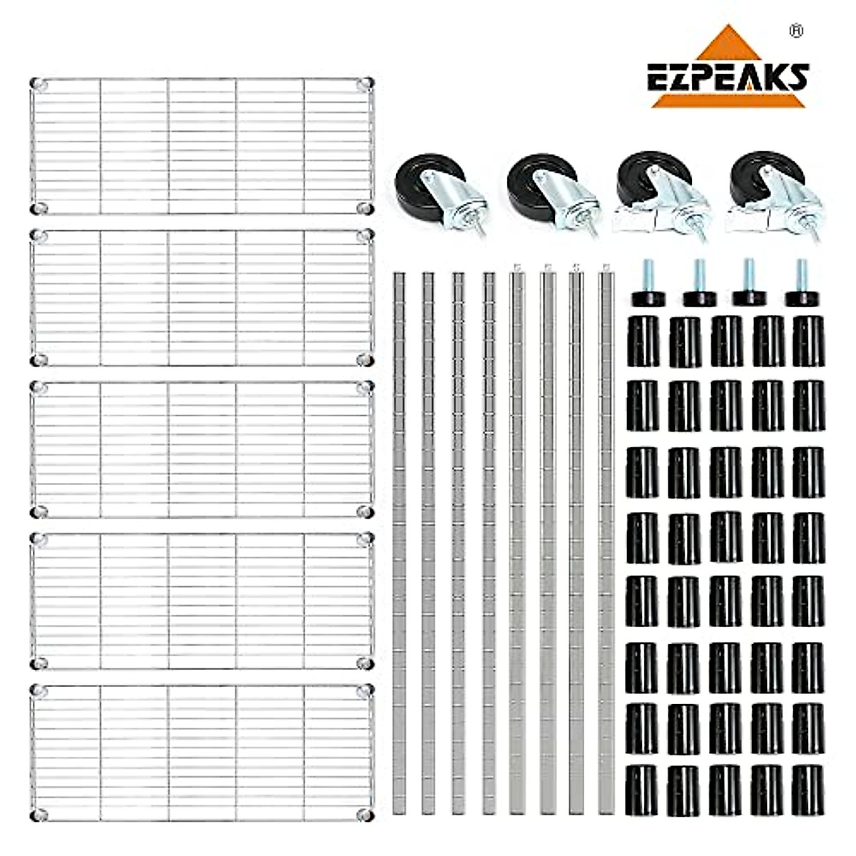 EzPeaks 5-Tier Chrome NSF Certified Storage Shelves, Heavy Duty Steel Wire Shelving Unit with Wheels and Adjustable Feet, Used as Pantry Shelf, Garage or Bakers Rack Kitchen Shelving (18"DX48"WX72"H)