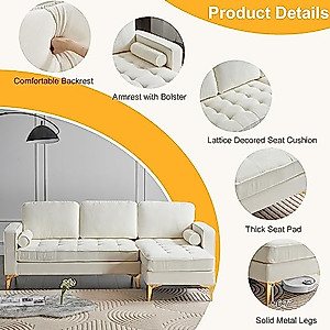 Imbesty 85" W Sectional Convertible Sofa Couch, Chenille Upholstered L-Shaped Couch 3-Seat Sofa with Reversible Chaise for Small Living Room, Apartment and Small Space (Chenille White)