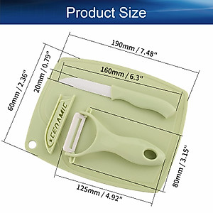 Auniwaig 3-Piece Green Kitchen Utensils, 6.30"x0.79" Ceramic Knife, 4.92"x3.15" Peeler, 7.48"x2.36" Cutting Board for Cutting Fruits Vegetables and Boneless Meat Small Set for Outdoor Camping