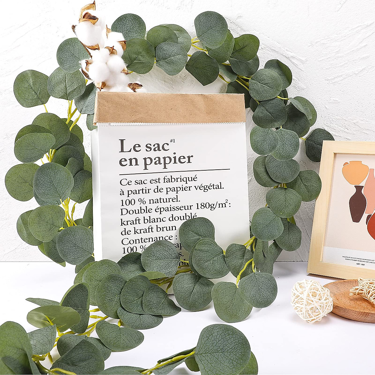 Whonline 8pcs 48ft Artificial Eucalyptus Garland, Silver Dollar Eucalyptus Leaves Vine, Faux Greenery Garland Bulk for Wedding Garland, Centerpieces for Tables, Home Decor, Arch Wall Decoration