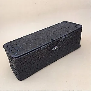 Cusstally 3 Compartment Storage Box Wicker Rattan Basket with Cover Sundries Holder Case Container Desktop Organizer