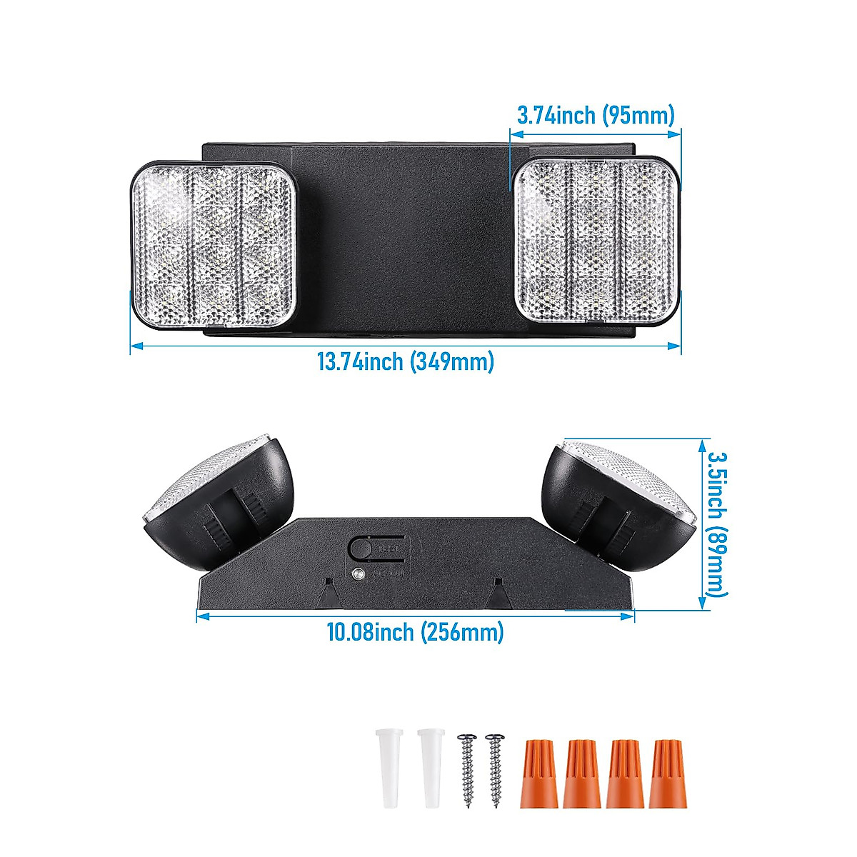 TORCHSTAR LED Emergency Lights, Emergency Lighting with Battery Backup, Dual Heads Adjustable, Lighting Fixtures for Emergency Use, Home Power Failure, UL & FCC Listed, AC 120/277V, Black, Pack of 4