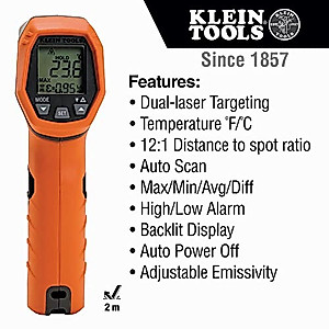 Klein Tools IR5 Dual Laser 12:1 Infrared Thermometer & ET140 Pinless Moisture Meter for Non-Destructive Moisture Detection in Drywall, Wood, and Masonry; Detects up to 3/4-Inch Below Surface