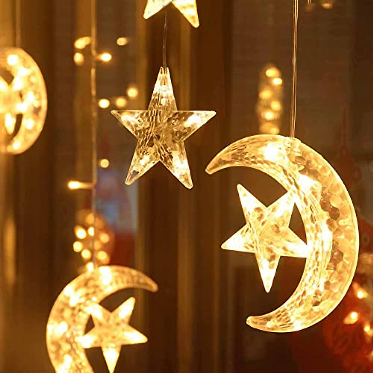 Janchs Solar String Lights Outdoor Ramadan Eid Decorations, 8 Modes Waterproof 138LED Solar Powered Star Moon Curtain Lights Window Fairy Lights for Backyard Garden Patio Home Christmas Ramadan Decor