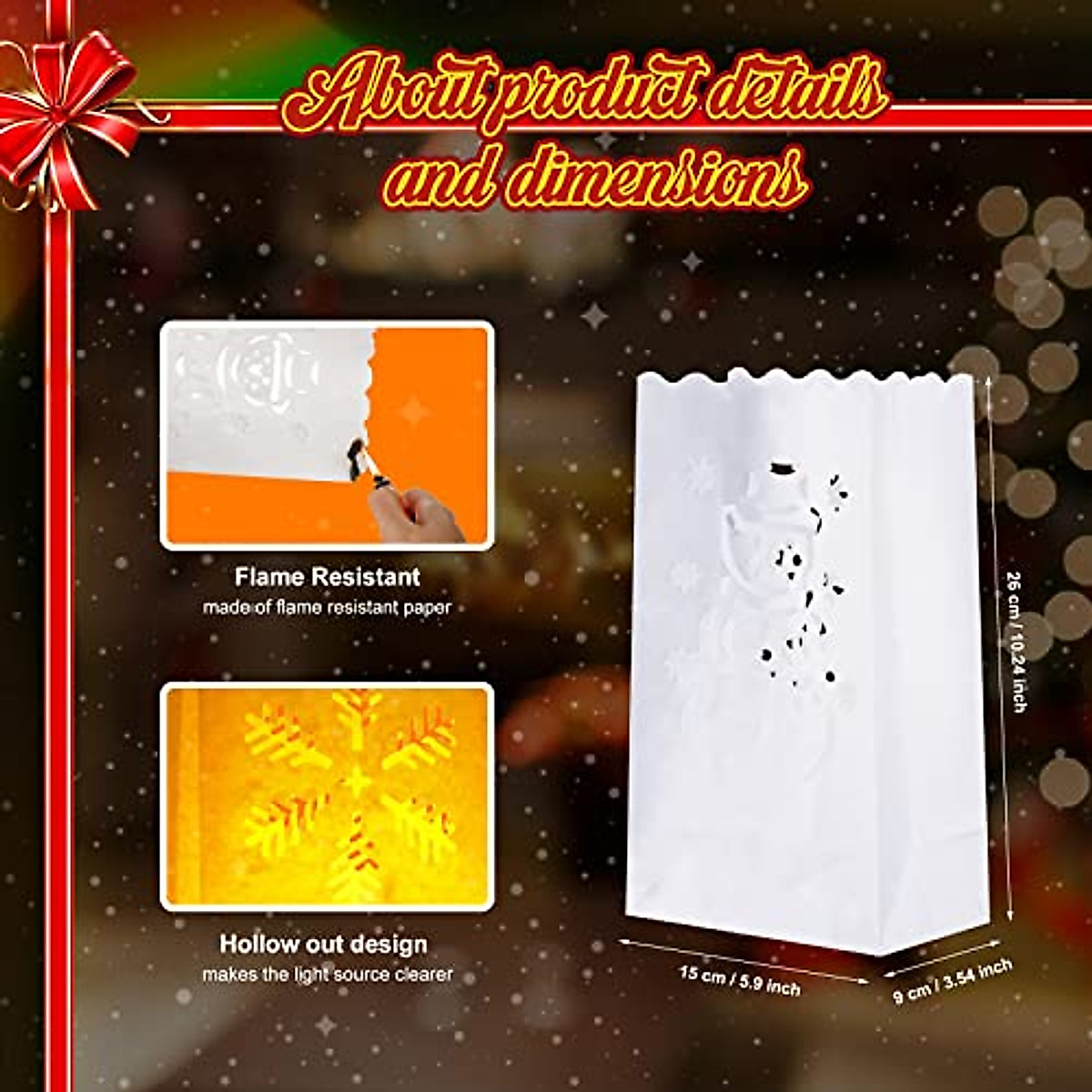 100 Pieces Christmas Luminary Bags White Paper Luminary Bags Flame Resistant Candle Bags Lantern Bags 5 Designs with Christmas Tree Snowflake Snowman Reindeer for Christmas Party Decoration
