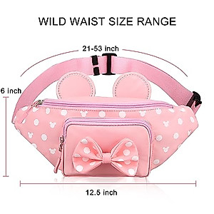 Pink Disney Fanny Pack for Women Teen Girls Minnie Mouse Fanny Pack Cute Bowknot Polka Dot Waist Pack Outdoor Travel Waist Bag Cartoon Hiking Belt Bag Bum Bags with Mouse Ears