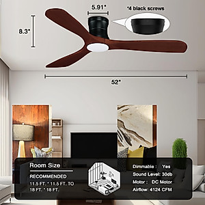 Hoenofly 52” Smart Wood Flush Mount Ceiling Fans with Lights Remote,Quiet DC Motor,Outdoor Indoor Low Profile Ceiling Fan,Voice WIFI Alexa App Control,Dimmable,6-speed,for Modern Bedroom Patio