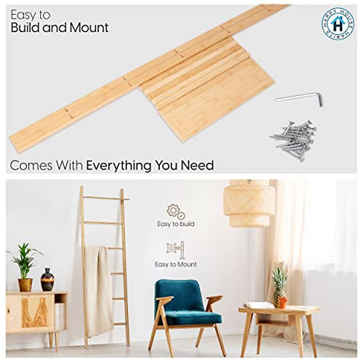 Happy House Habits Blanket Ladder, 5-Tier Towel Rack, Wall-Leaning Blanket Rack, Decorative Display Ladder Shelf, Living Room, Bedroom, Durable Decorative Ladder for Blankets with Additional Shelf