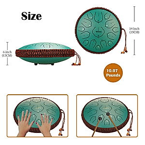 14 Inch 15 Note Steel Tongue Drum Qingshi Percussion Instrument Lotus Hand Pan Drum with Drum Mallets Carry Bag，Used for music education concert spiritual healing yoga meditation (Green)