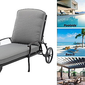 Luccalily Chaise Lounge Outdoor Chair with Wheels, Adjustable Reclining Rust-Resistant Aluminum Cast Poolside Chaise Lounge Furniture with Waterproof Grey Cushion (1pc)