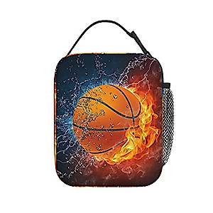 Fire and Water Basketball Lunch Bag Insulated Lunch Box Cooler Tote with Shoulder Strap for Boys Girls Women Men
