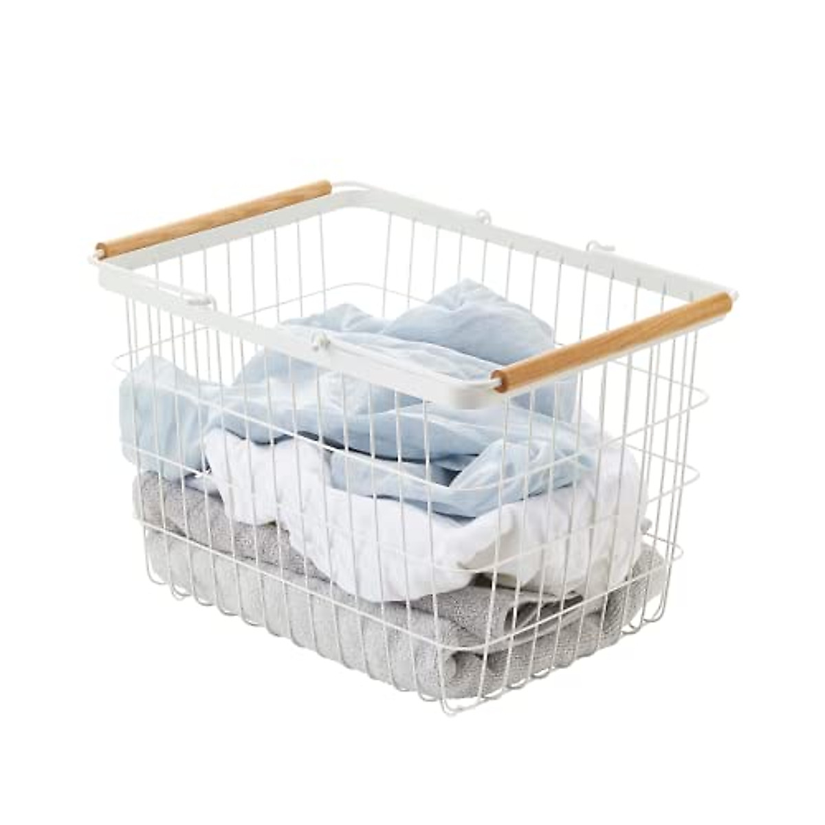 YAMAZAKI home 2809 Laundry Basket with Wooden Handles, Medium, White