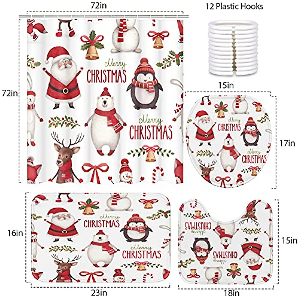 Britimes 4 Piece Shower Curtain Sets with 12 Hooks, Christmas Santa Claus Penguin with Non-Slip Rugs, Toilet Lid Cover and Bath Mat, Durable and Waterproof, for Bathroom Decor Set, 72" x 72"