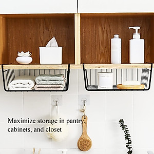 Tebery 4 Pack Black Under Shelf Wire Basket, Hanging Storage Baskets Under Cabinet Add-on Storage Racks, Slide-in Baskets Organizer for Kitchen Pantry Desk Bookshelf