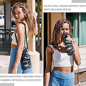 Fimibuke 32 oz Water Bottle with Sleeve - BPA Free Leakproof Sport Large 1L Plastic Motivational Water Bottle with Straw Strap Insulated Neoprene Holder Carrier Bag for Women Men(A9.Retro Rose)