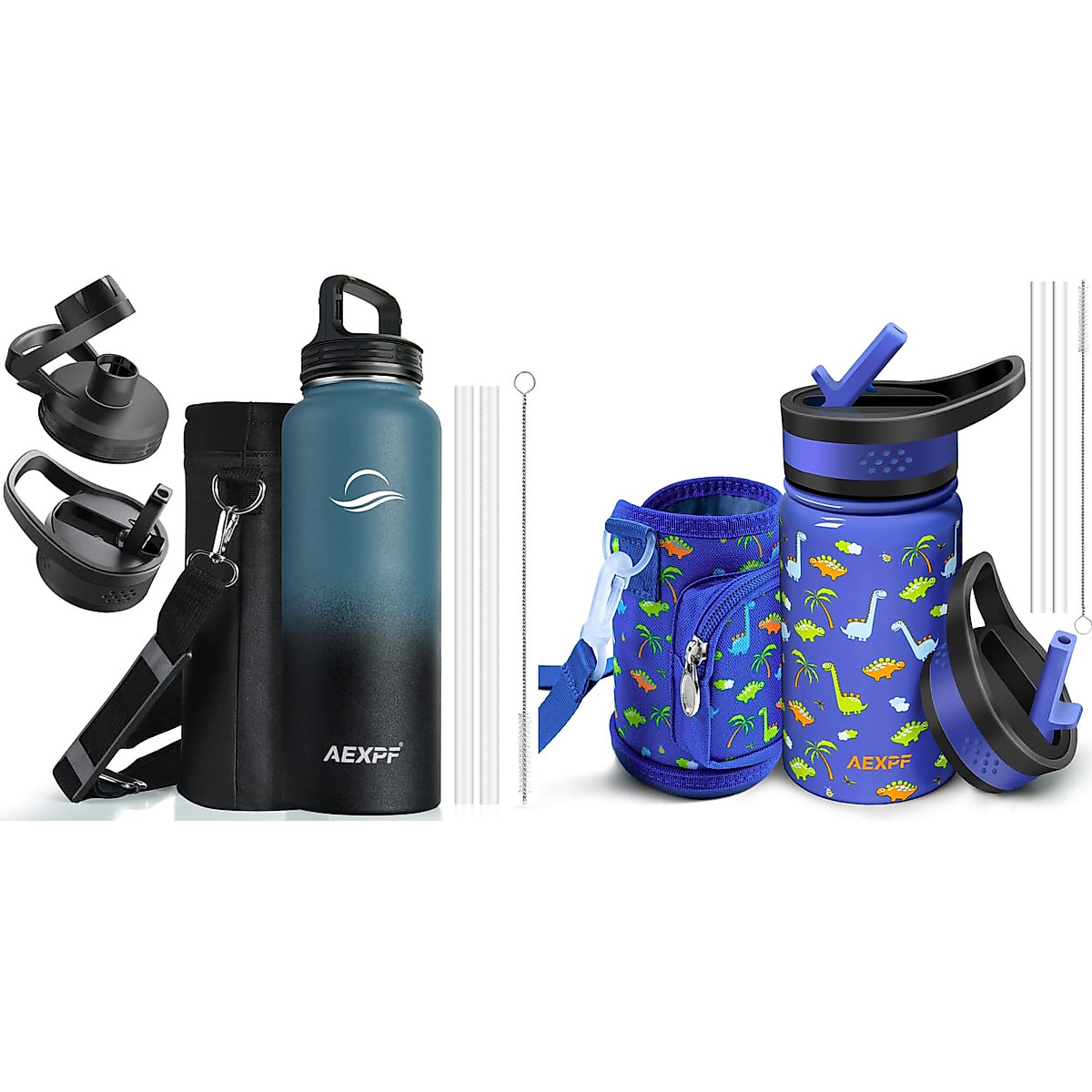 AEXPF 32oz Insulated Water Bottle Indigo Black Gradient and 14oz Kids Water Bottle with Dinosaur Pattern