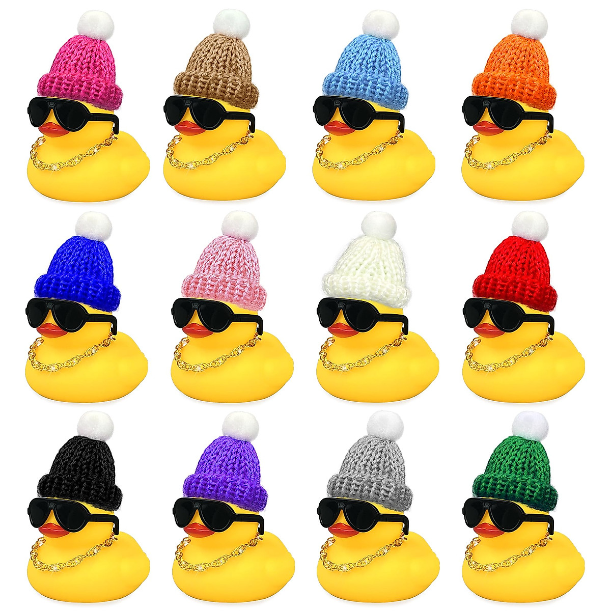 12 Set Mini Ducks with Mini Hats Necklace and Sunglasses Bath Duck Toy for Baby Shower Birthday Swimming Party Gift Favor Decorations