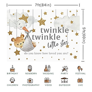 Rsuuinu Twinkle Twinkle Little Star Backdrop Baby Bear Gold Stars Clouds Baby Shower Birthday Newborn Photography Background Baby Kids Wall Decorations Party Banner Supplies Photo Booth Props 7x5ft
